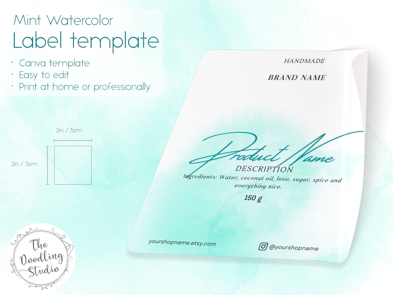 Mint Watercolor Square Label Template for Candles, Lotions, Body Butter ...