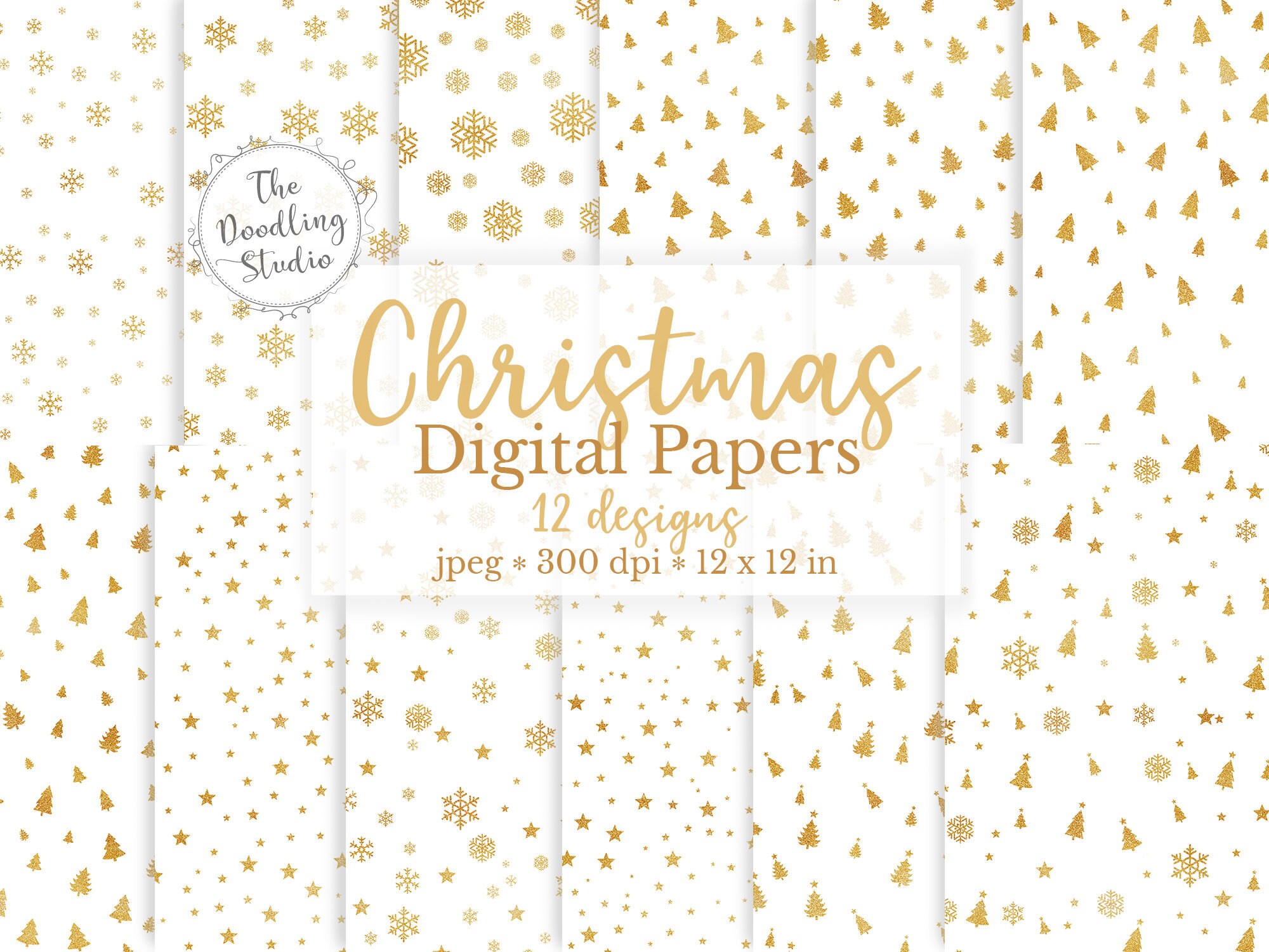 Gold Christmas Textures Digital Papers Snowflakes Stars and - Etsy