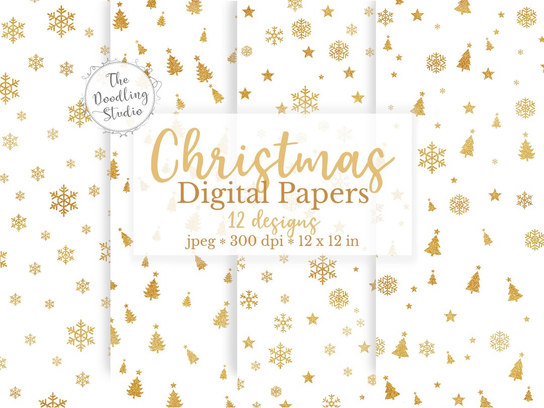 Gold Christmas Textures Digital Papers Snowflakes, Stars and Trees ...