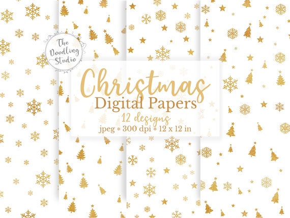 Gold Christmas Textures Digital Papers Snowflakes stars and | Etsy