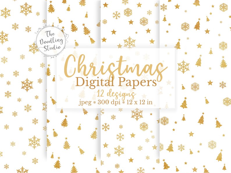 Gold Christmas Textures Digital Papers Snowflakes, Stars and Trees ...