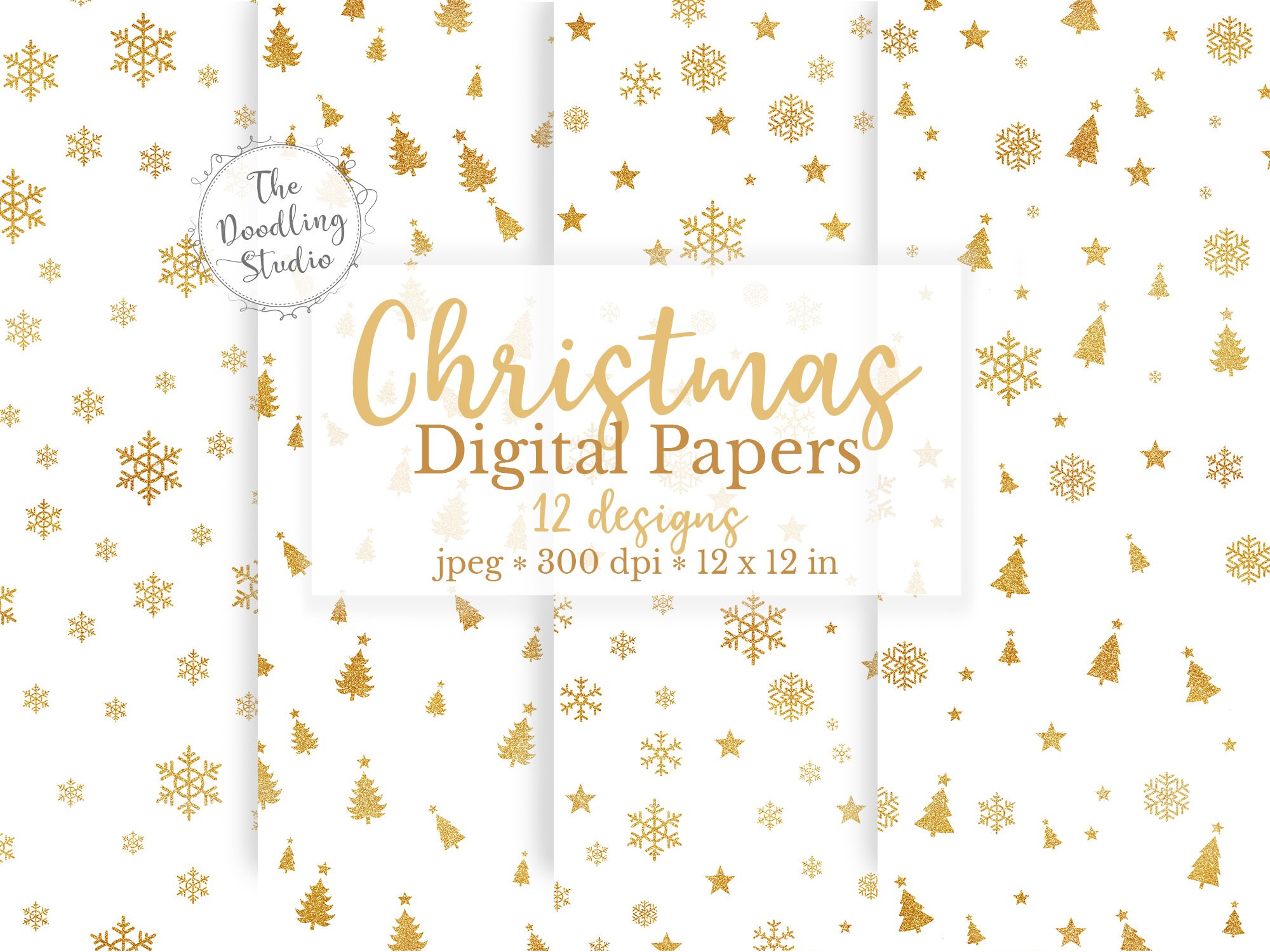 Gold Christmas Textures Digital Papers Snowflakes, Stars and Trees ...