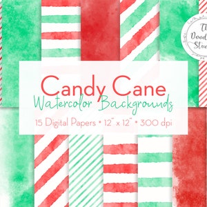 Candy Cane Christmas Watercolor Backgrounds 15 Digital Papers digital ...