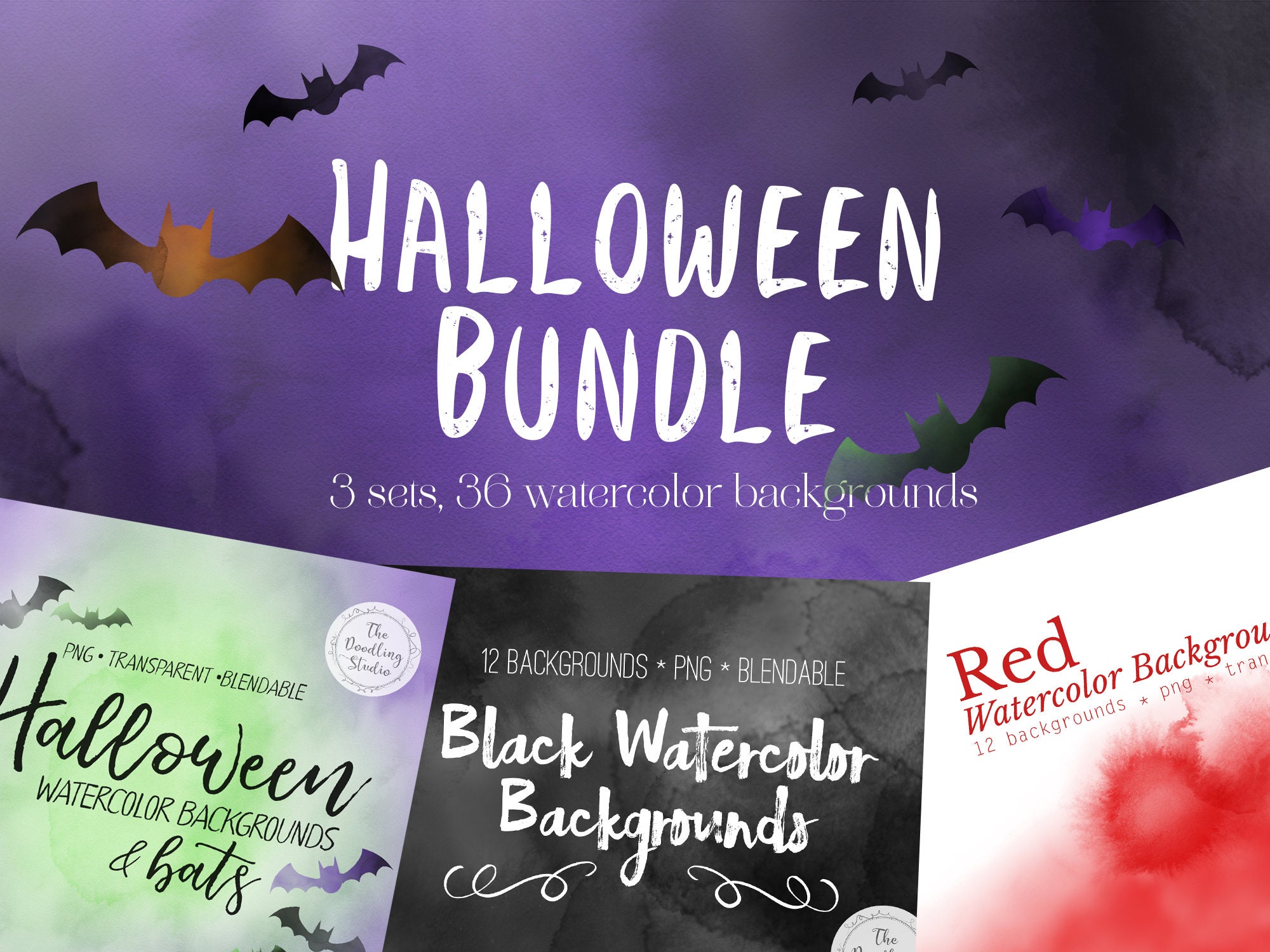 Halloween Bundle Watercolor Backgrounds 3 Sets, 36 Images Total png ...