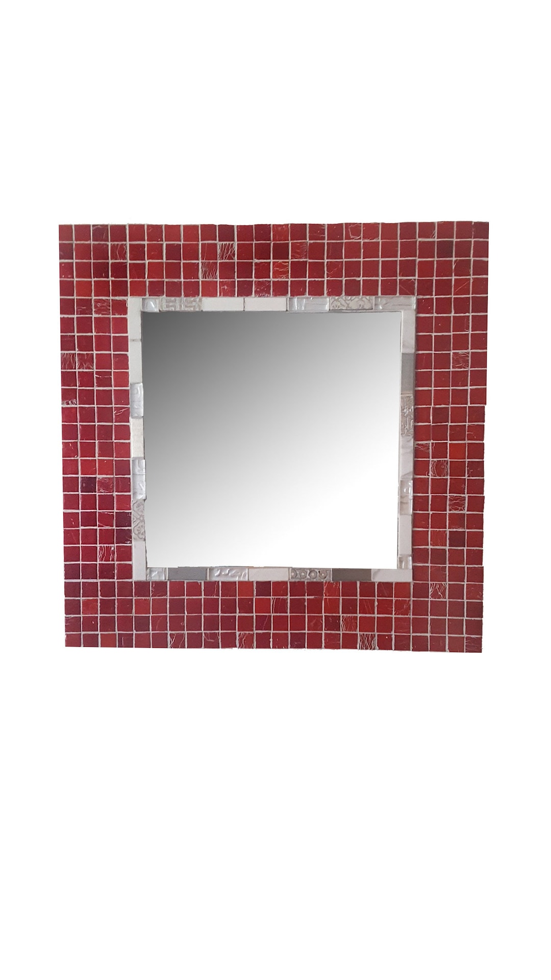 Square Red Glass Mosaic Mirror Trimmed in White Ceramic, Glass and ...