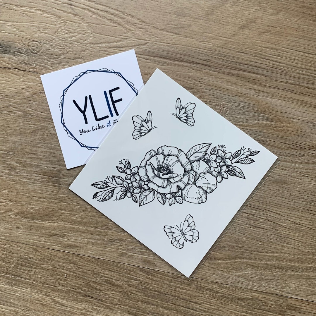 Tattoos Poppy and Butterflies 4 Inches /tattoo Wildflowers - Etsy