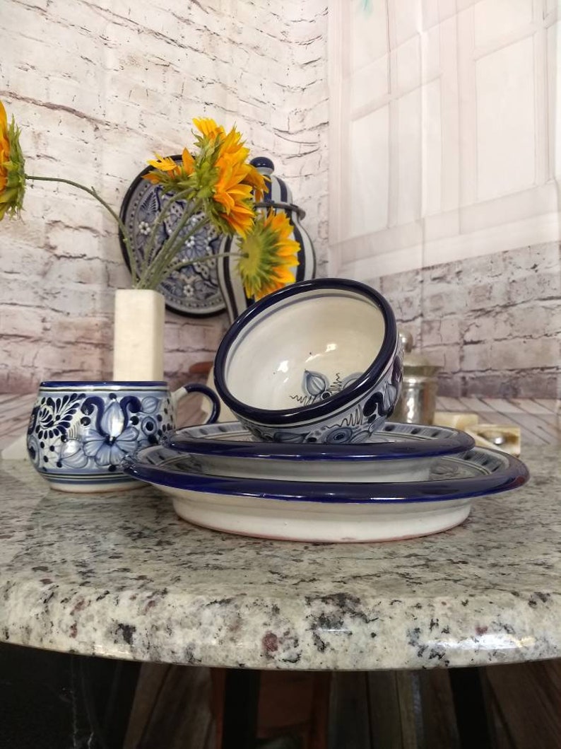 Talavera Plates and Cup Service Sets for 4 People, Pottery Plate ...