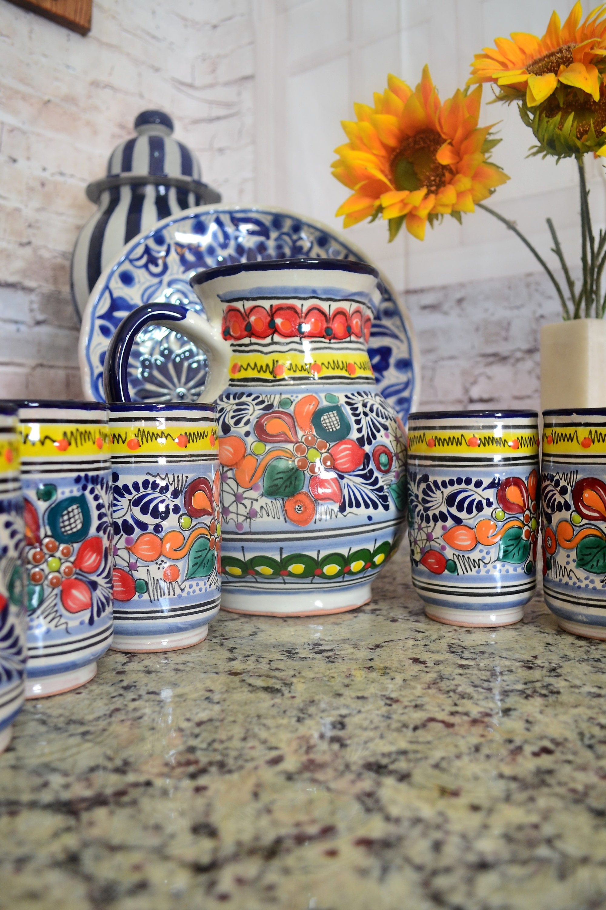 Majolic Ceramica, Talavera Pitcher Jar With Glasses, 6 Tumbler, Pitcher ...