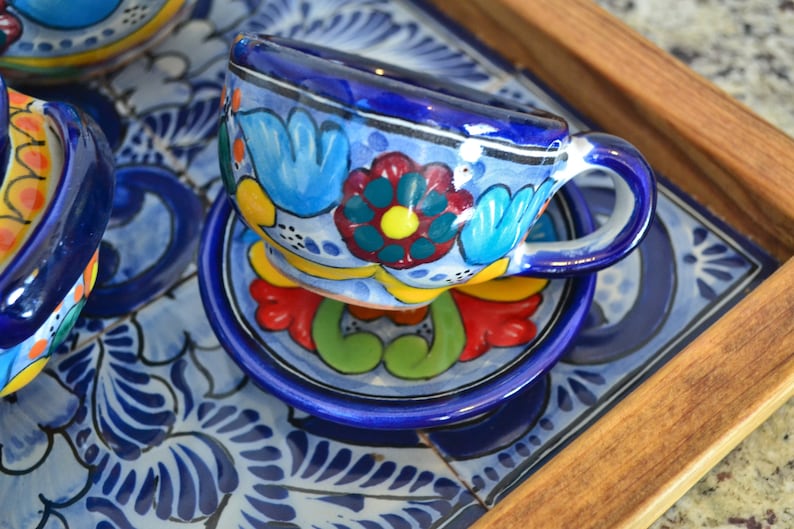 Mexican Talavera 4 People Coffee Set, Ottoman Serving Tray, Talavera ...