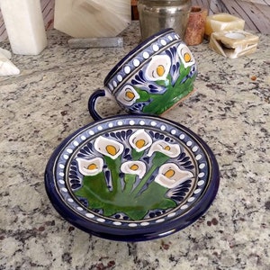 Set of 2 Talavera Coffee Cup and Saucer Set, Mexican Coffee Mug ...