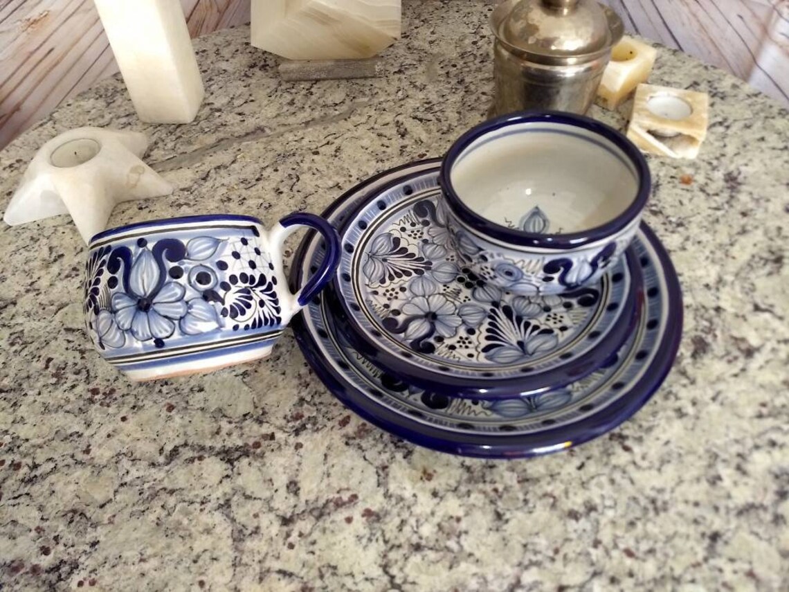 Talavera Plates and Cup Service Sets for 4 People, Pottery Plate ...