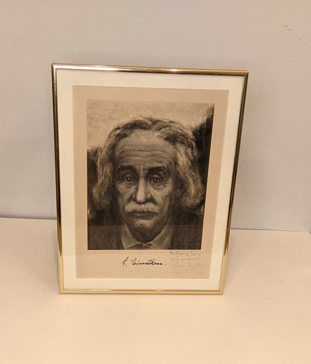 1960s Gold Framed Ink Signed Lithograph Albert Einstein Portrait by ...