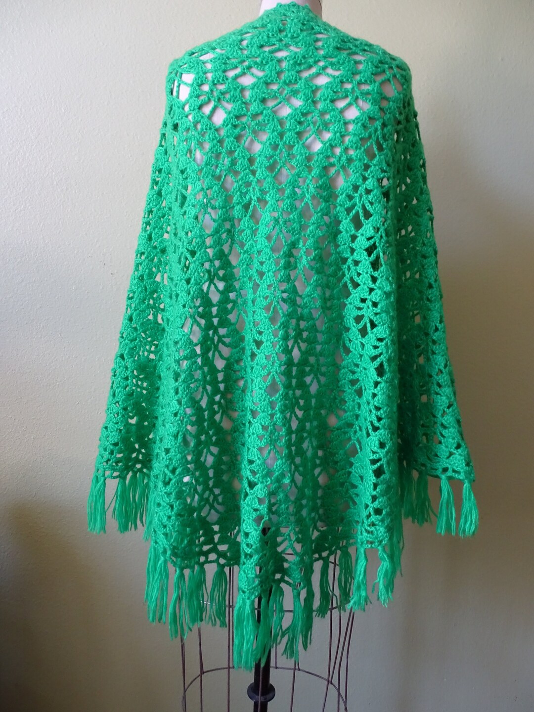 Vintage Green Crocheted Shawl, Open Weave Emerald Green Cape, 1970's ...