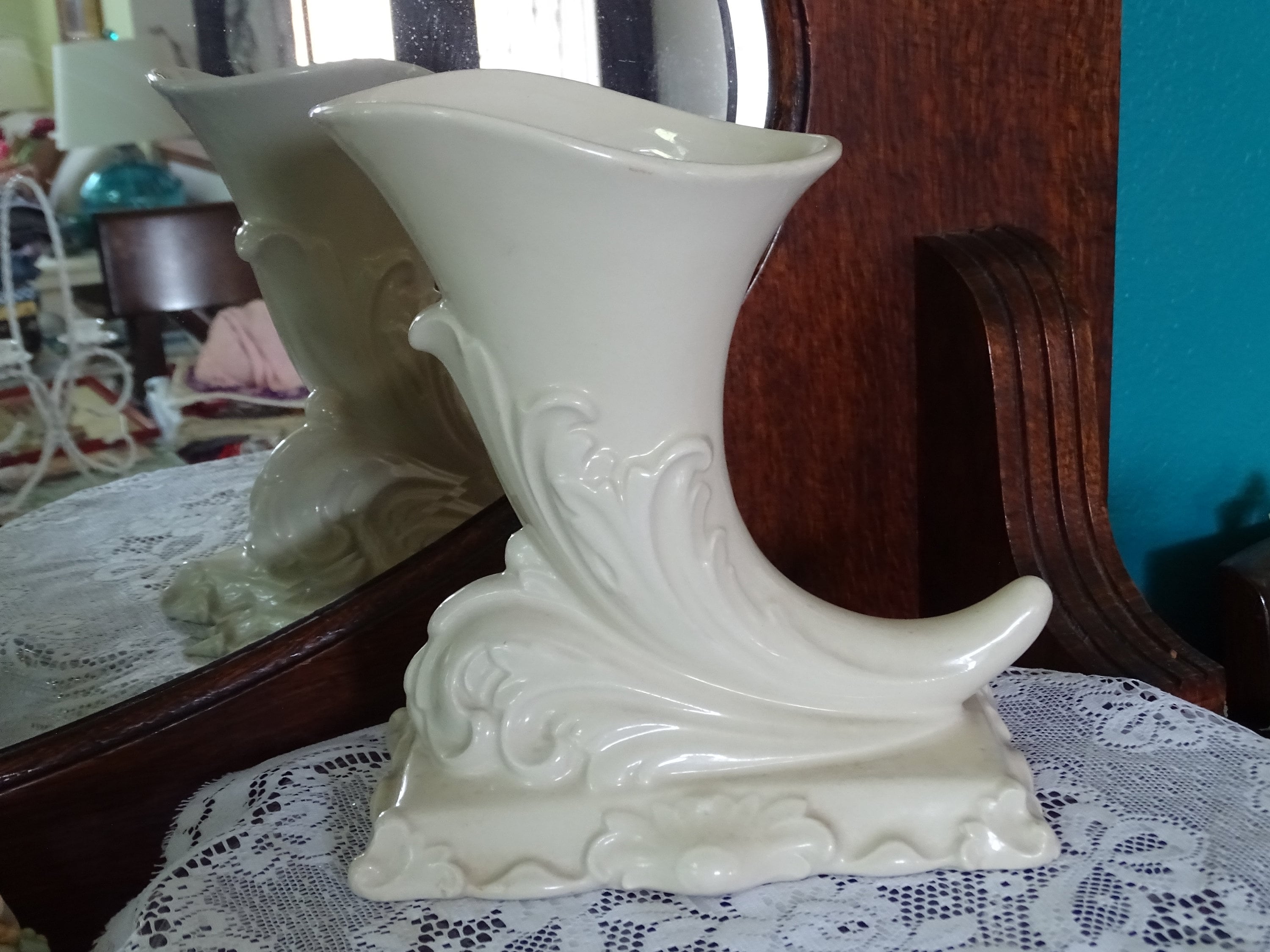 Vintage Cornucopia Vase Mid Century Pottery Creamy Beige | Etsy