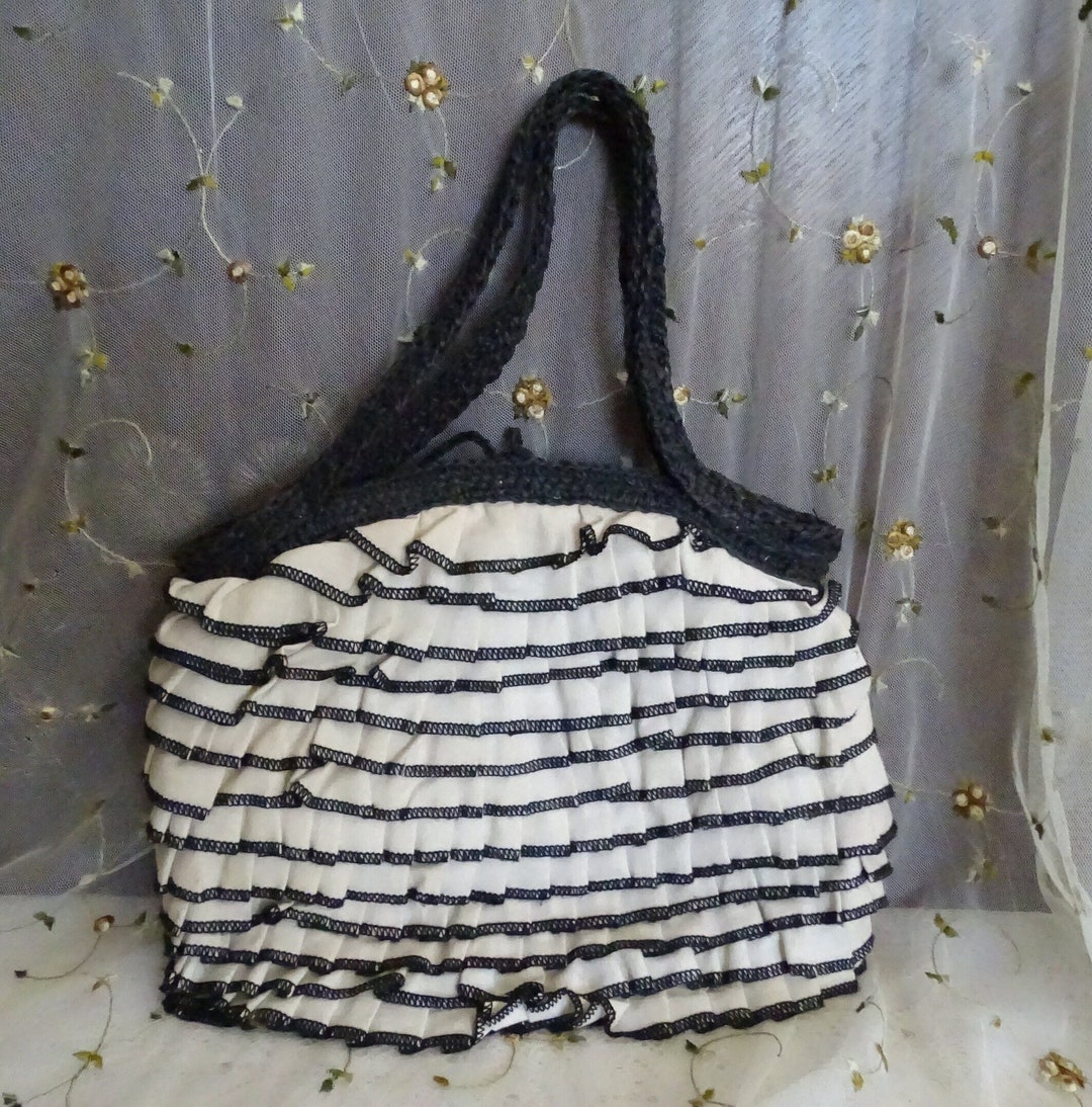 Vintage Ruffled Handbag, Layered Fabric Handbag, Raffia Handle ...