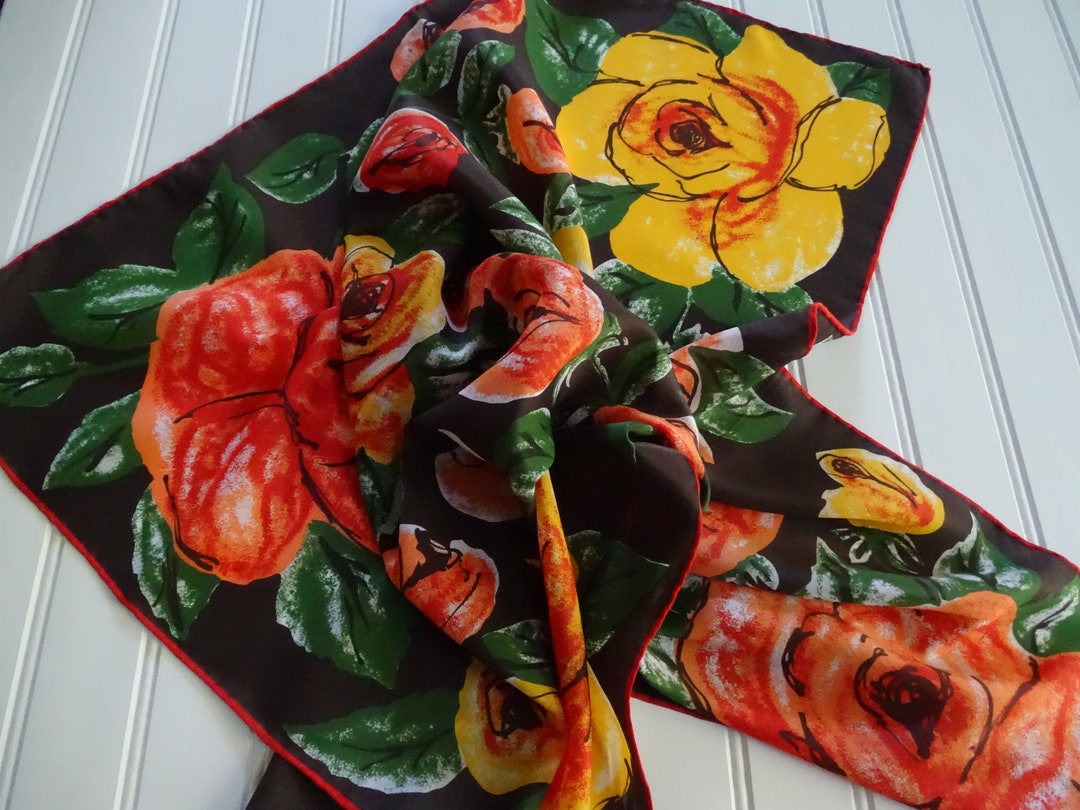 Vintage Autumn Floral Scarf, Bold Orange & Yellow Flowers, 1970's Ben ...