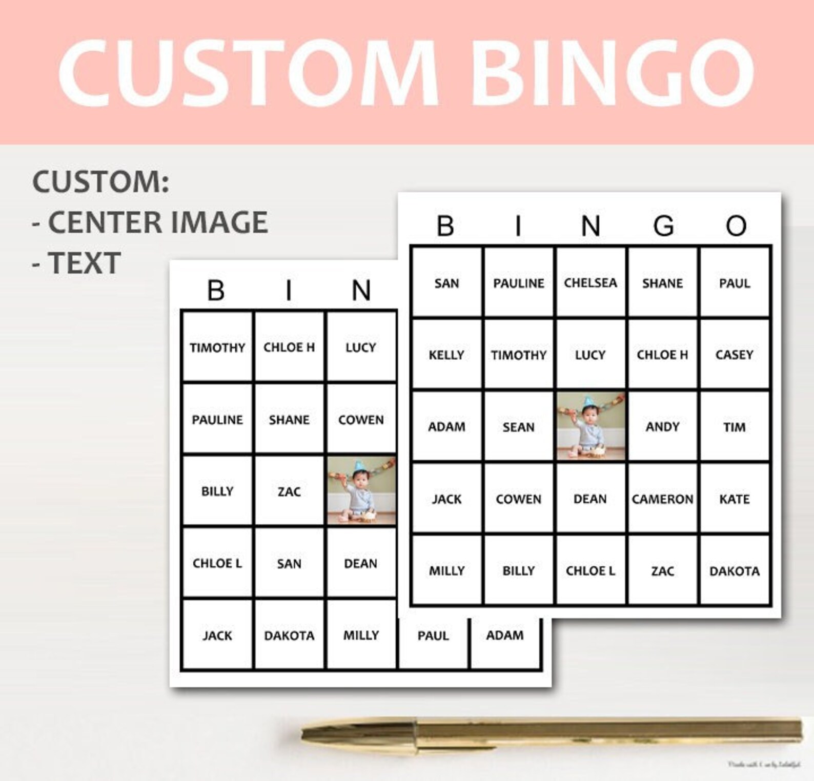 Custom Bingo Cards, Custom Center Image, Custom Birthday Bingo Game ...