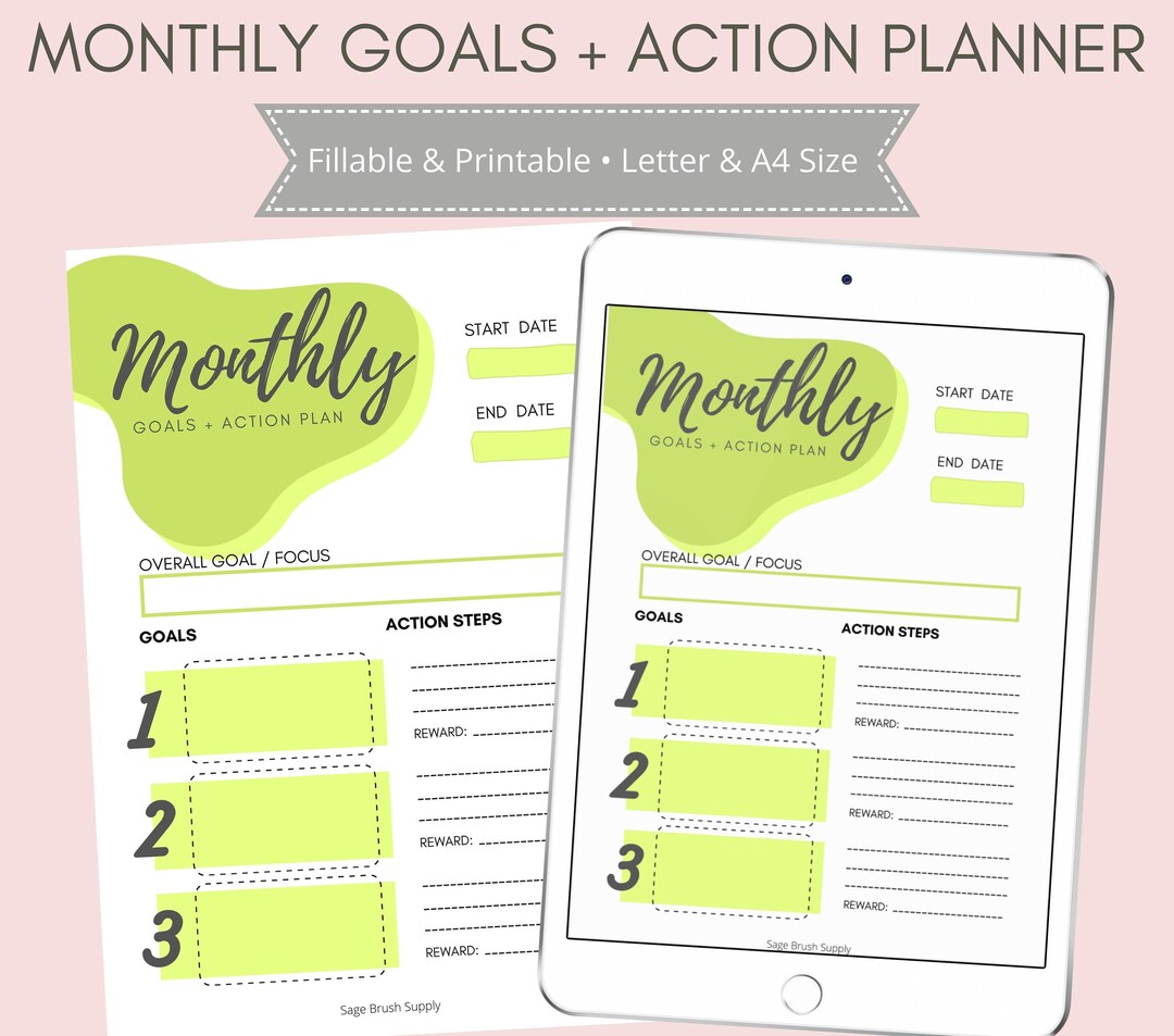 Monthly Goals + Action Planner - Printable PDF, Fillable, Print at Home ...
