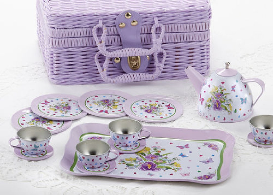 Children's Vintage Tin Tea Set Pansy Design for 4-medium Size-15 Pieces ...