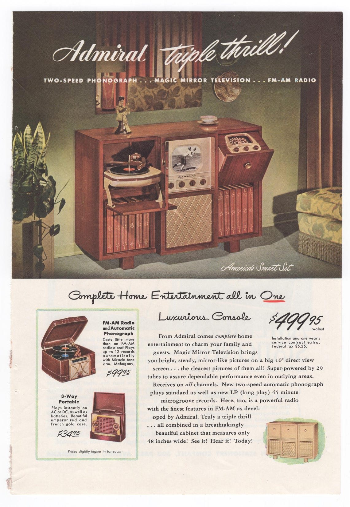 1948 Admiral “triple Thrill” TV Radio Phonograph Console Ad + American ...