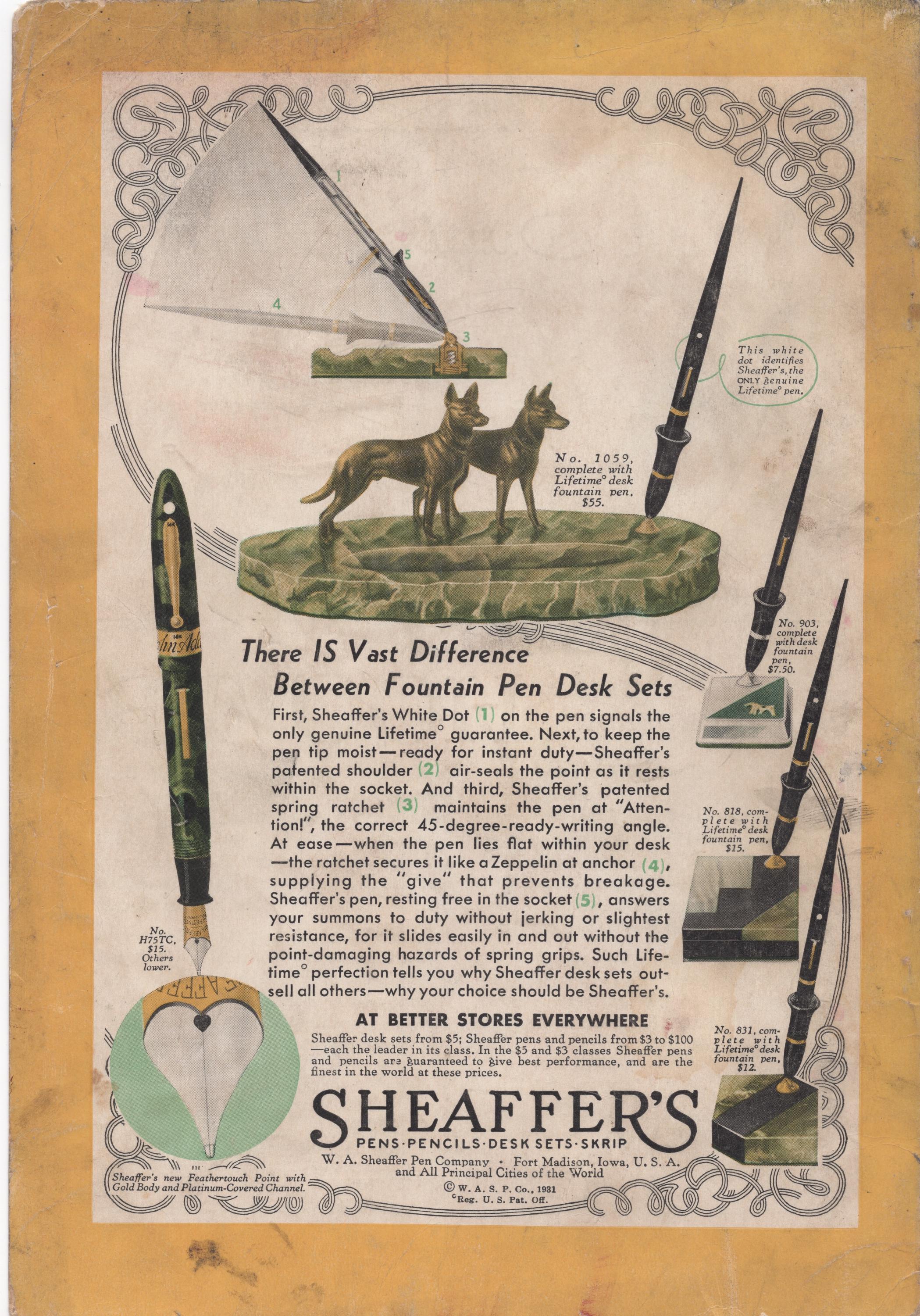 1931 Sheaffer Pen Desk Set Ad + Hoover “gold Chevron” Super-cleaner Ad ...