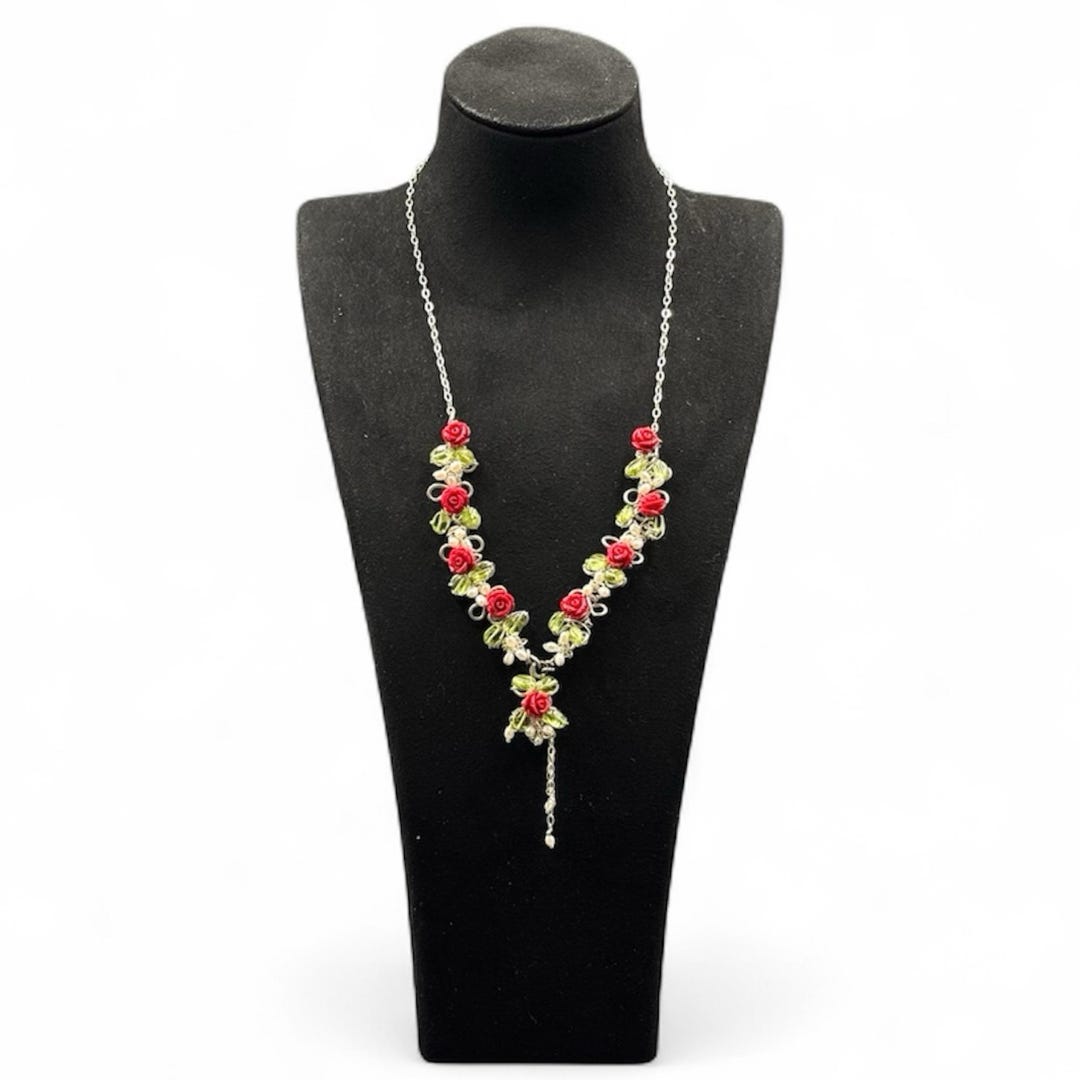 Peridot Red Rose Pearl Necklace British Handmade Devon 16