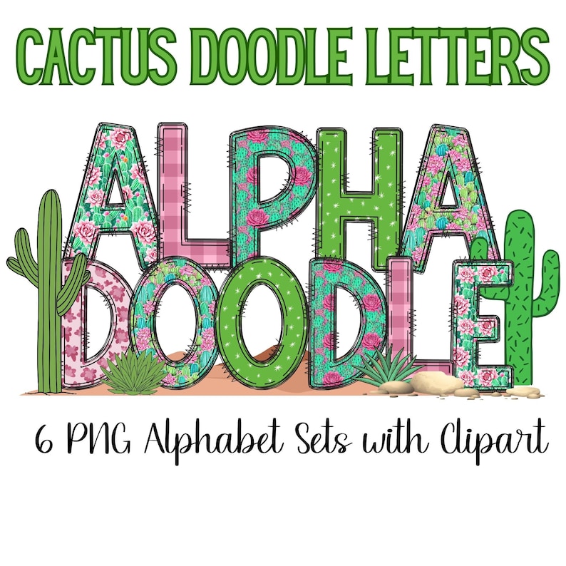 Cactus Doodle Letters, Cactus Alphabet Clipart, Cactus Doodle Alphabet ...