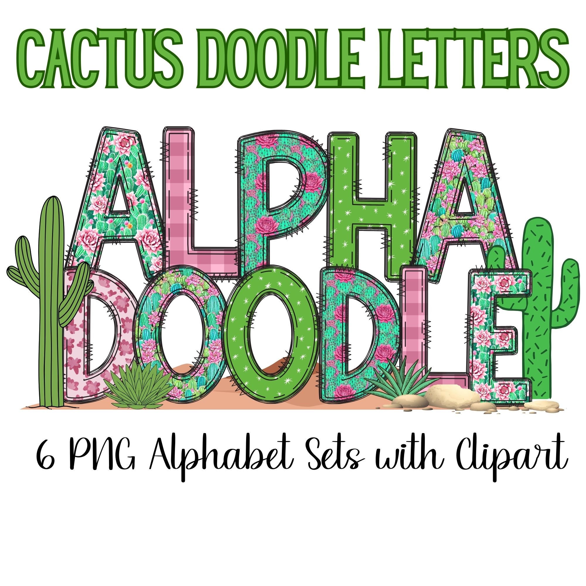 Cactus Doodle Letters, Cactus Alphabet Clipart, Cactus Doodle Alphabet ...