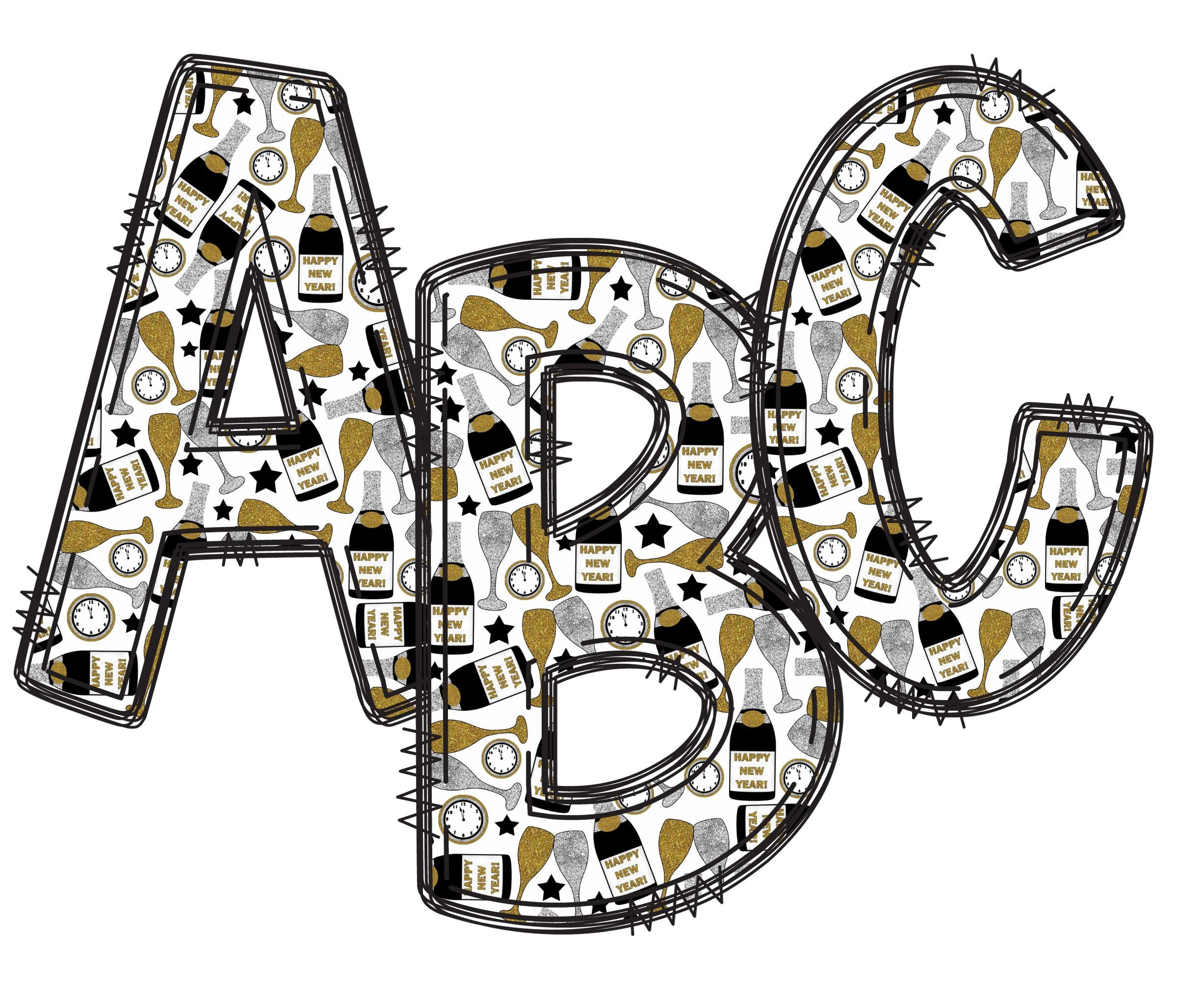 New Years Doodle Letters, Glitter Gold and Silver PNG Alphabet, Letter ...