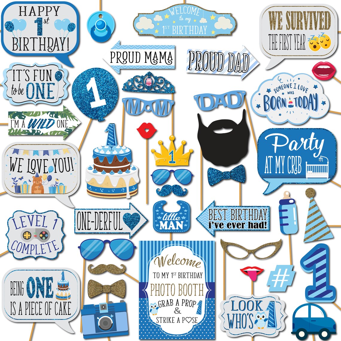 Boy 1st Birthday Photo Booth Props 41 Pieces With Wooden - Etsy