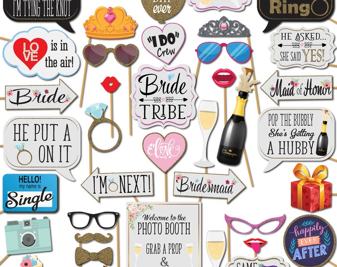 10 Wedding Photo Booth Props Gold Bridal Shower Selfie Glasses I Do ...