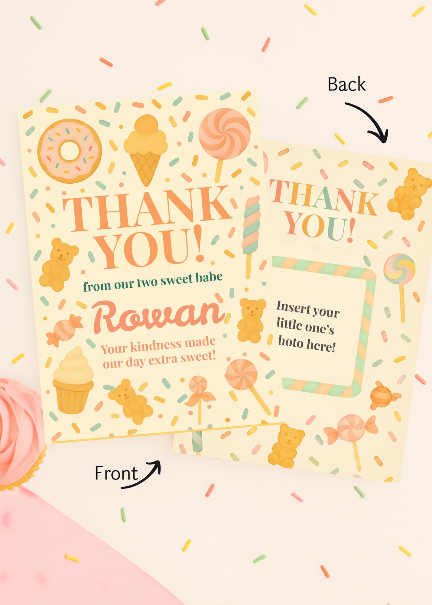 Two Sweet Birthday Thank You Card | Girl Candy Themed Thank You Note ...