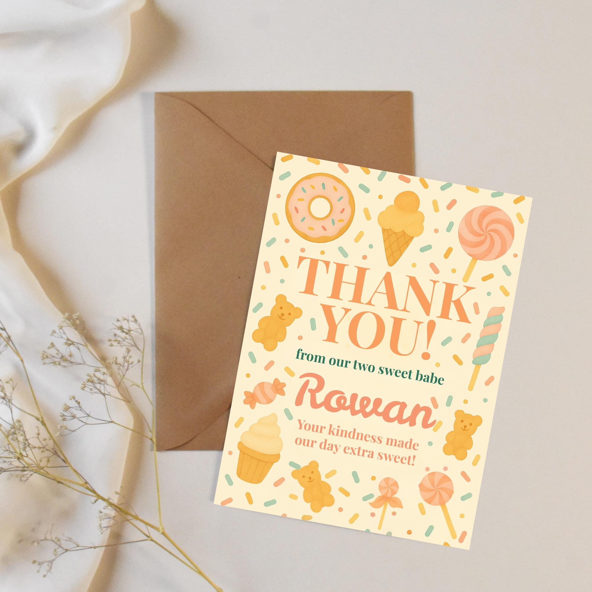 Two Sweet Birthday Thank You Card | Girl Candy Themed Thank You Note ...