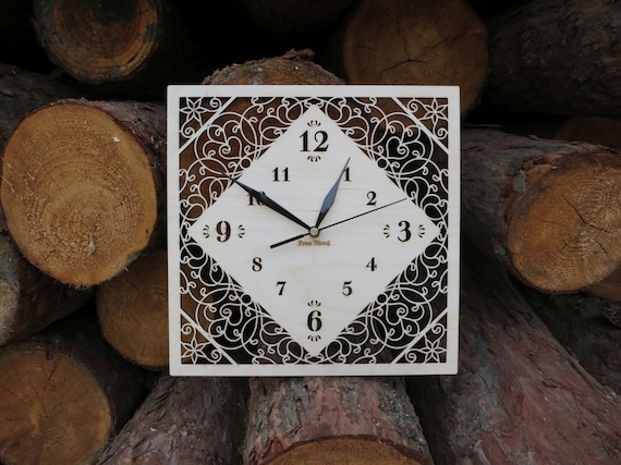 Square Filigree Wooden Wall Clock Silent Sweep Natural | Etsy