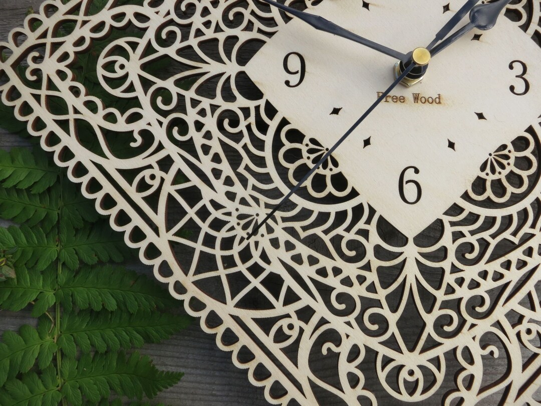 Square Mandala Wall Clock, Silent Sweep Filigree Wooden Decor, Housewarming Gift, Natural Raw ...