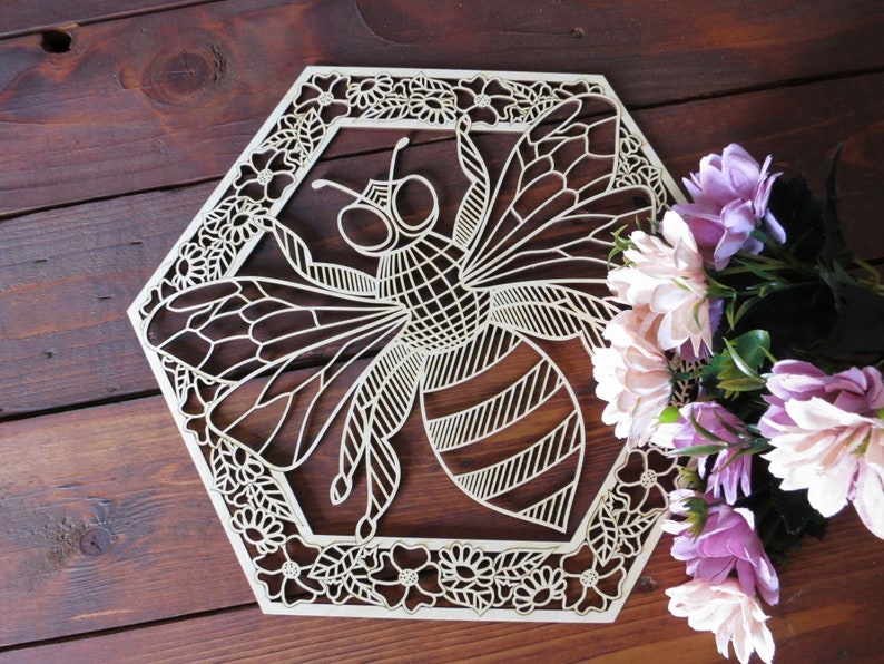Filigree Bee Wooden Ornament With Flowers Natural Wood Honey - Etsy