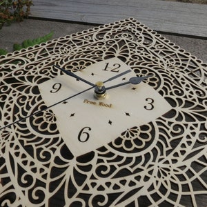 Square Mandala Wall Clock, Silent Sweep Filigree Wooden Decor, Housewarming Gift, Natural Raw ...