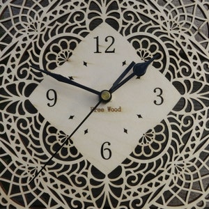 Square Mandala Wall Clock, Silent Sweep Filigree Wooden Decor, Housewarming Gift, Natural Raw ...