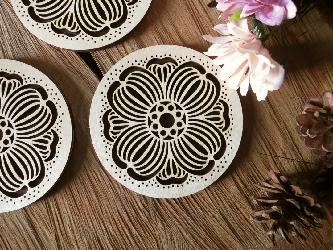 3D Wooden Flower Coasters, Double-leyered Filigree Openwork Natural ...