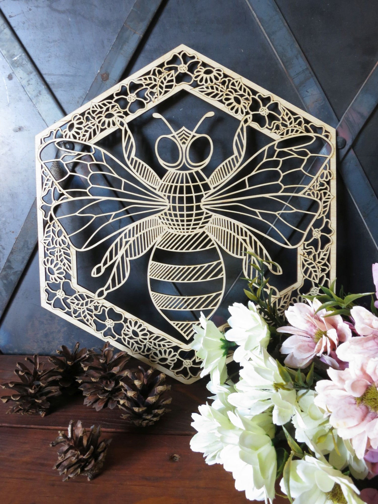 Filigree Bee Wooden Ornament With Flowers Natural Wood Honey - Etsy