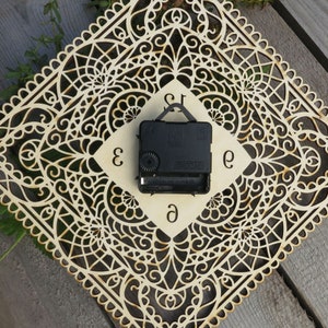Square Mandala Wall Clock, Silent Sweep Filigree Wooden Decor, Housewarming Gift, Natural Raw ...