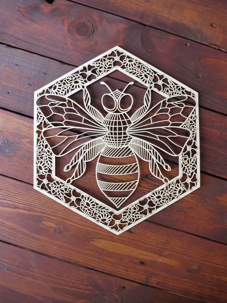 Filigree Bee Wooden Ornament With Flowers Natural Wood Honey - Etsy