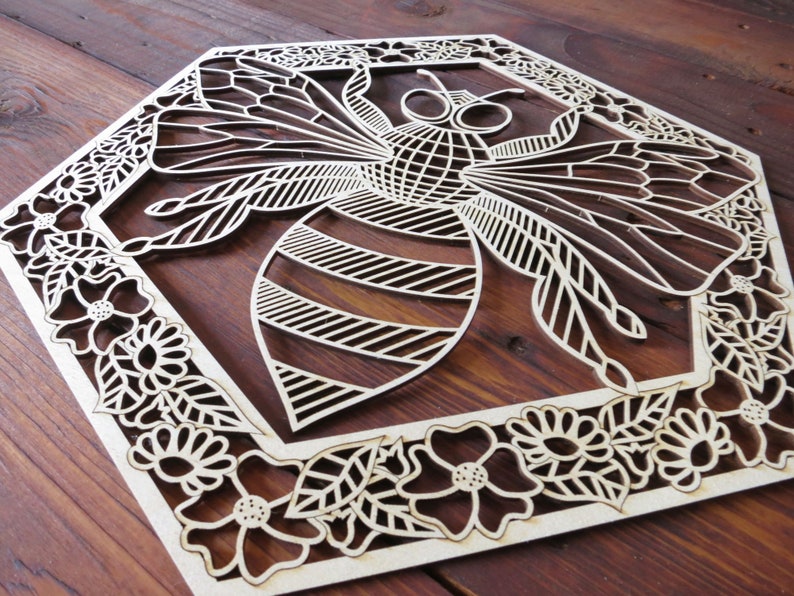 Filigree Bee Wooden Ornament With Flowers Natural Wood Honey - Etsy
