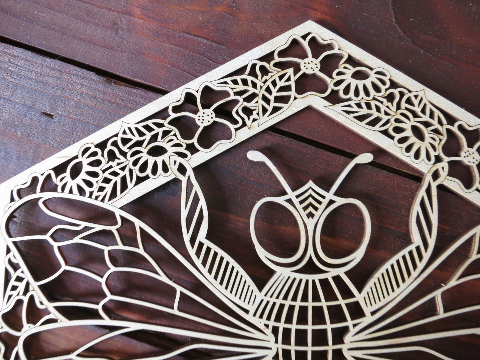 Filigree Bee Wooden Ornament With Flowers Natural Wood Honey - Etsy