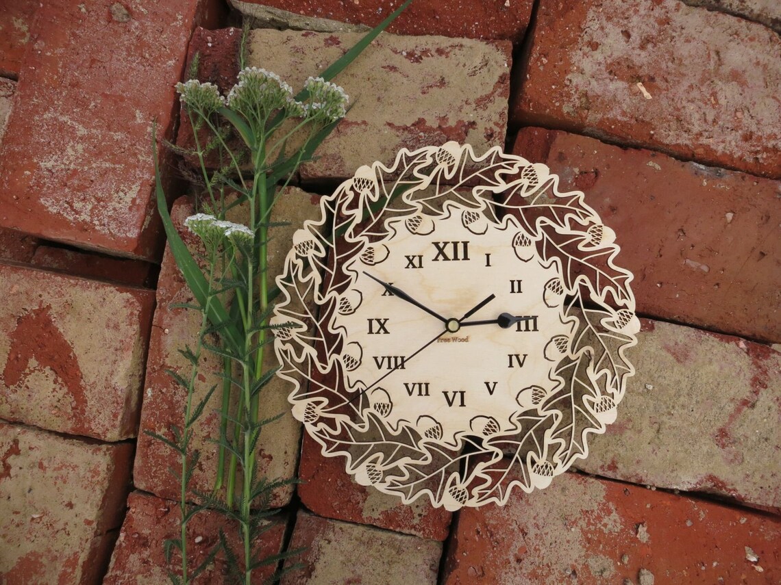 Oak Wreath Filigree Wall Clock: Wooden Acorn Art, Silent Clock - Etsy