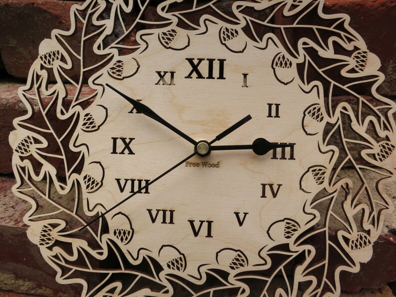 Oak Wreath Filigree Wall Clock: Wooden Acorn Art, Silent Clock - Etsy