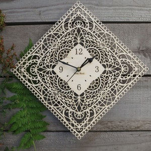 Square Mandala Wall Clock, Silent Sweep Filigree Wooden Decor, Housewarming Gift, Natural Raw ...