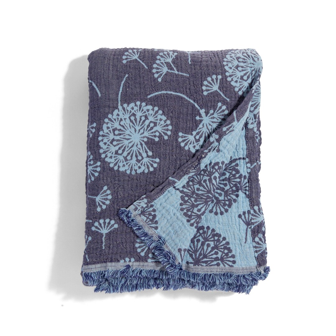 Navy Blue Reversible Dandelion Flower Turkish Cotton Gauze Blanket ...