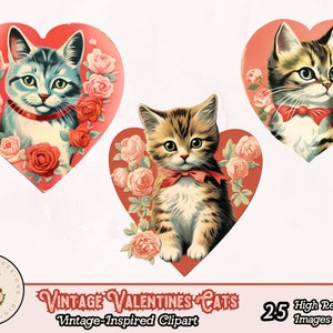 Valentines Cats Clipart, Kitten PNG, Vintage Valentines Clipart, Hearts ...