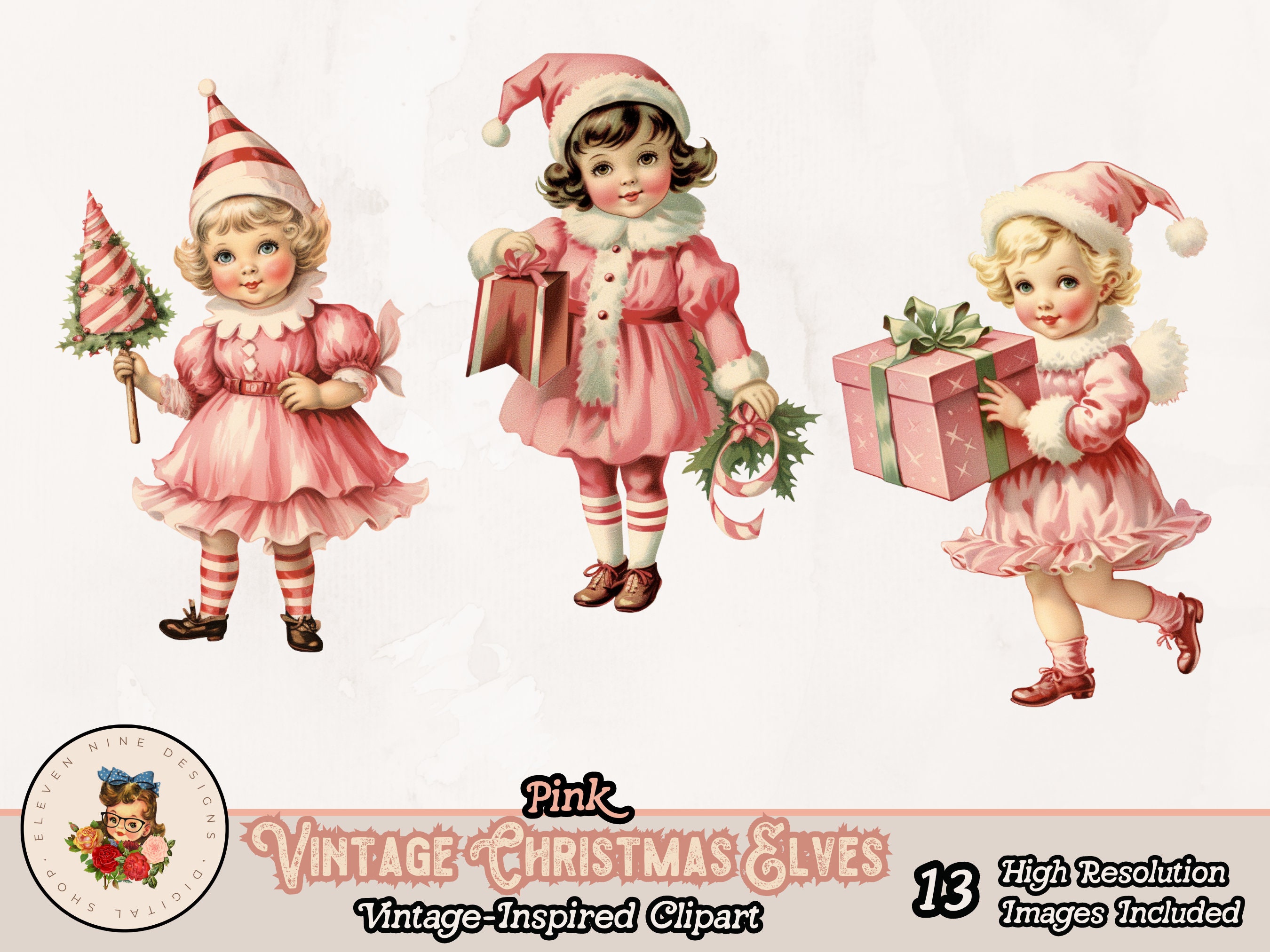 Pink Christmas Elf Clipart, Vintage Pink Christmas PNG, Pink Elves ...